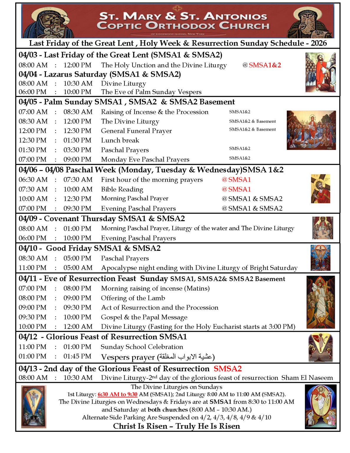 The Holy Week & The Glorious Feast of Resurrection Schedule (2026)