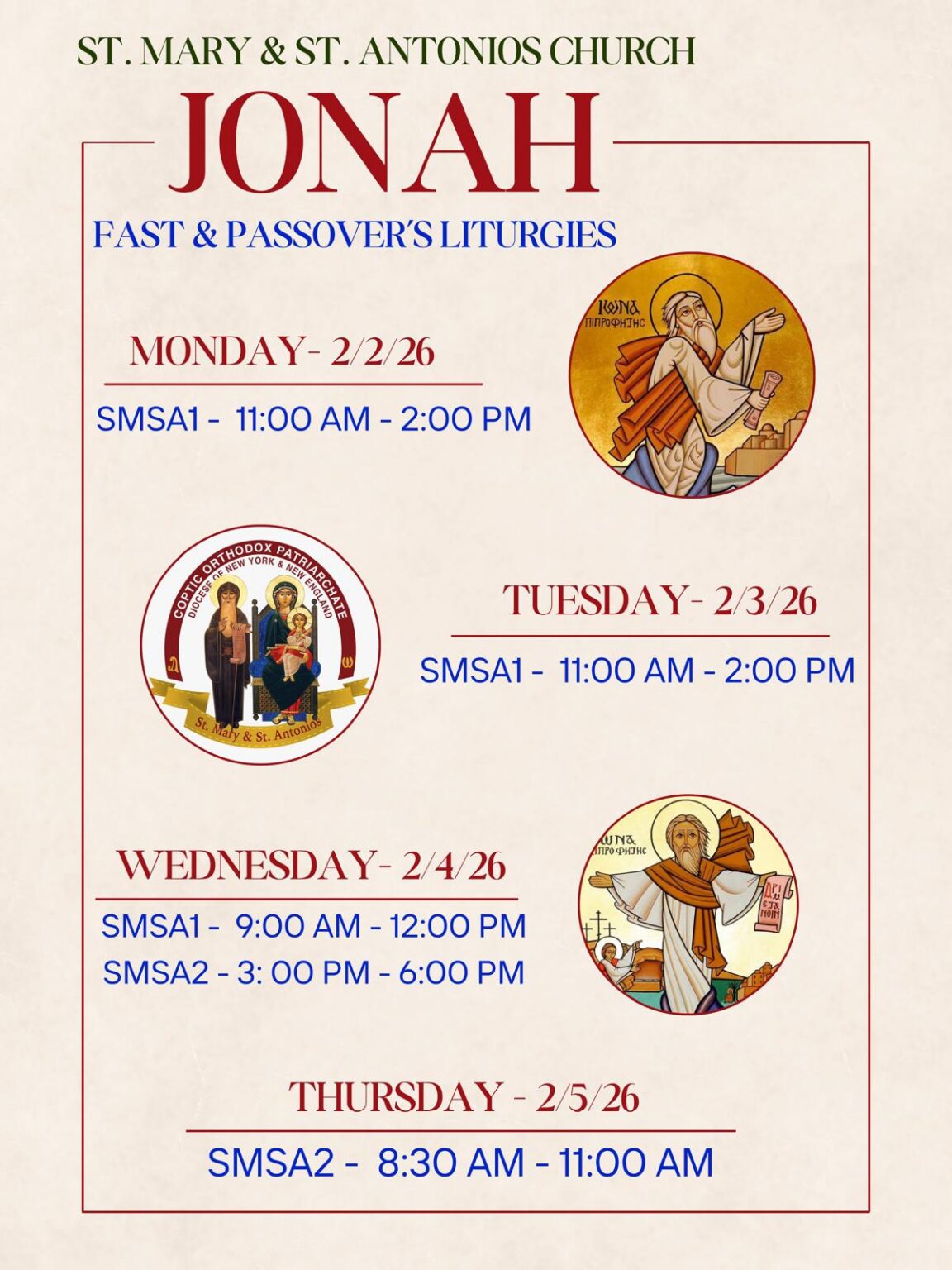Jonah's Fast Divine Liturgy Schedule 2026